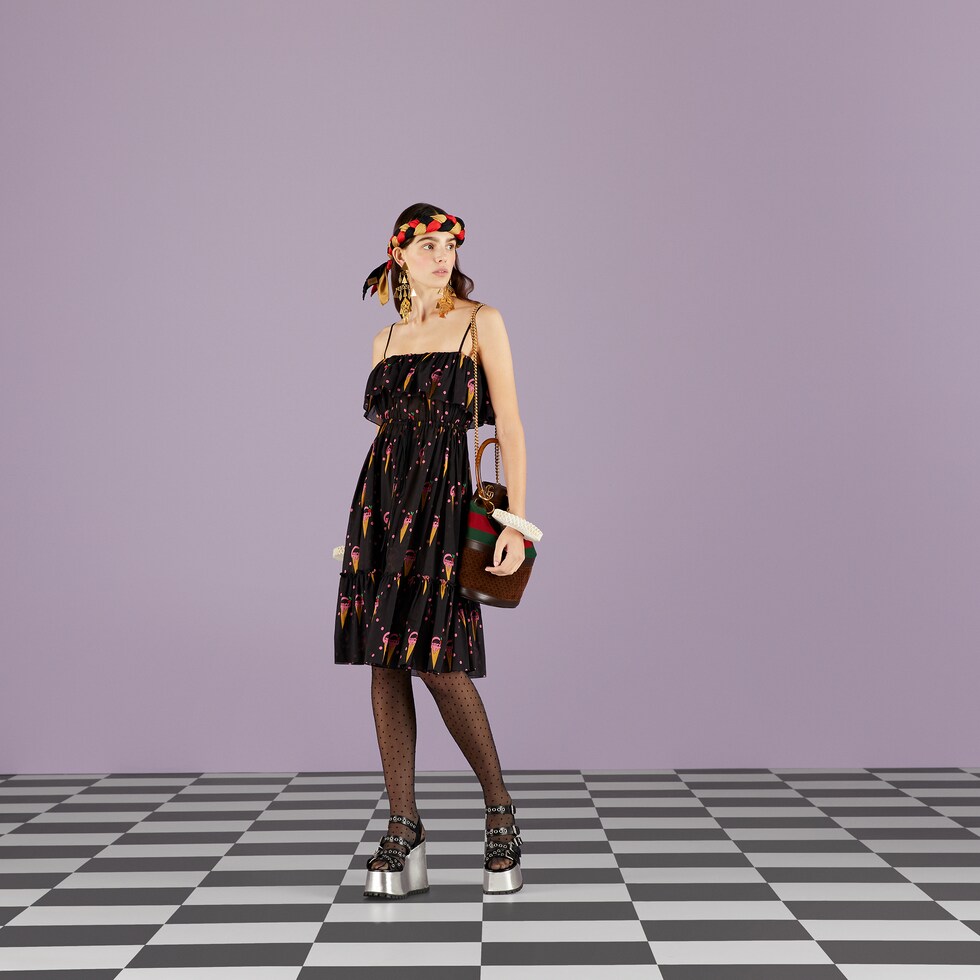 Cotton dress with Gucci ice cream print in black cotton | GUCCI® SE
