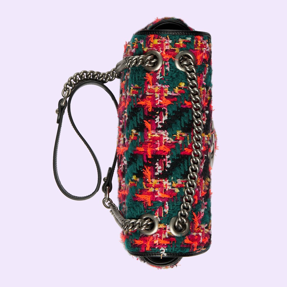 GG Marmont small shoulder bag in pink and dark blue tweed | GUCCI® BE