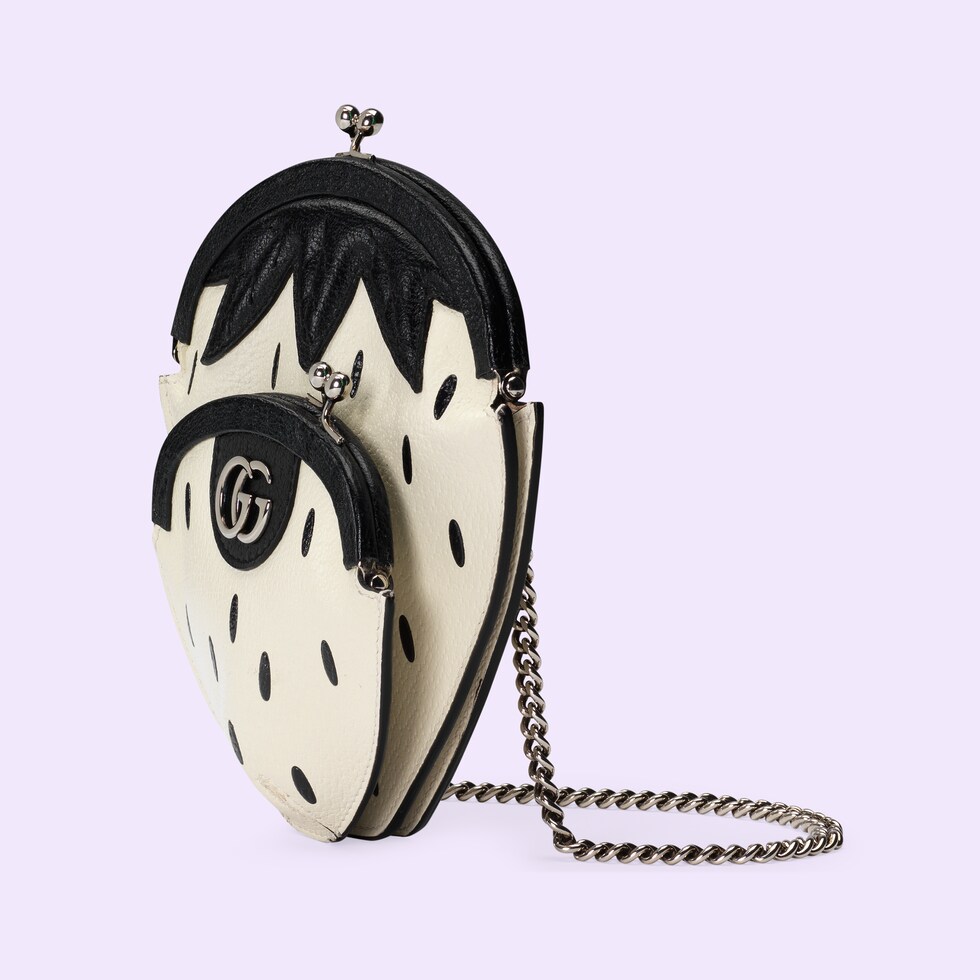 Strawberry-shaped mini bag in white and black leather | GUCCI® AE