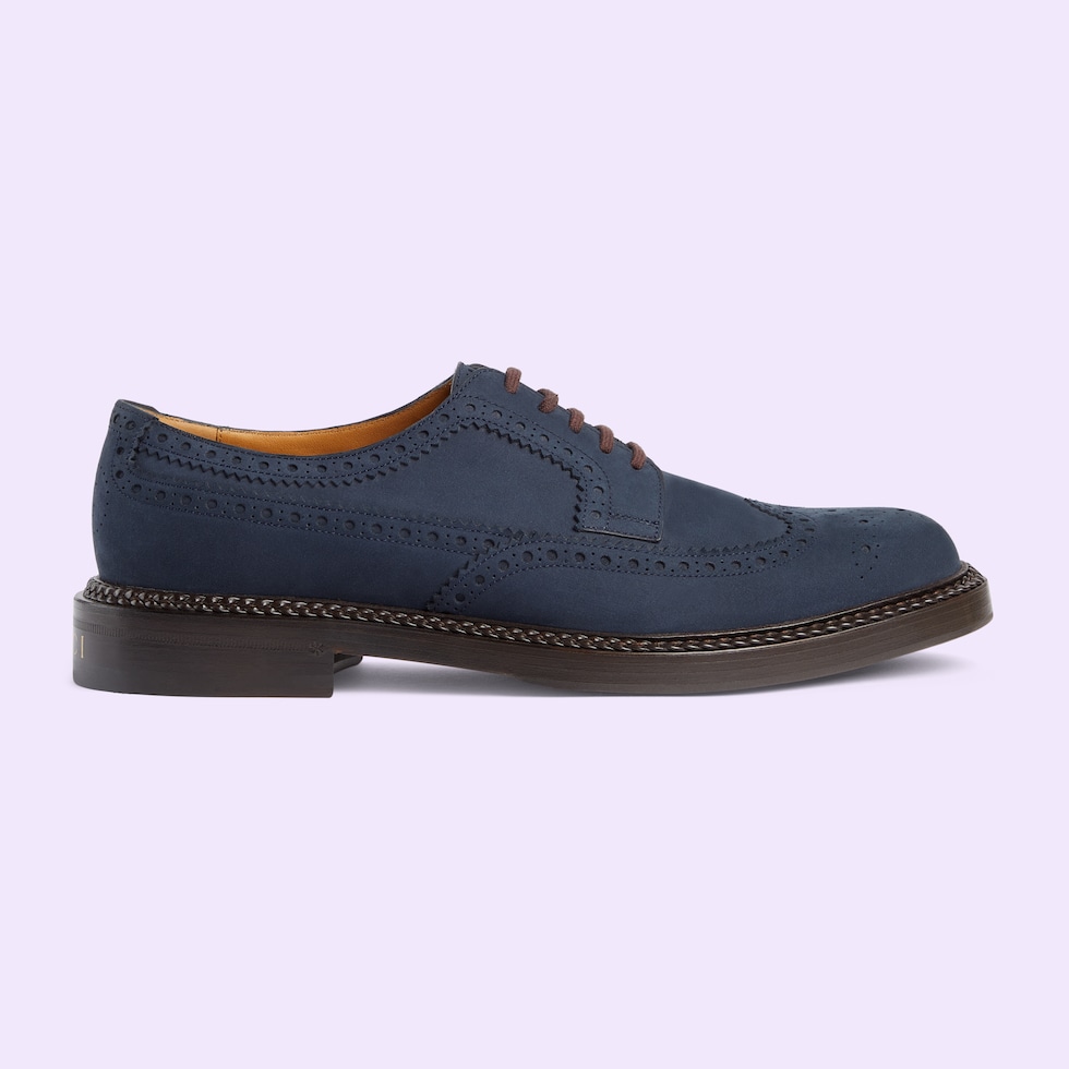 Men's lace-up shoe with brogue details in blue suede | GUCCI® BG