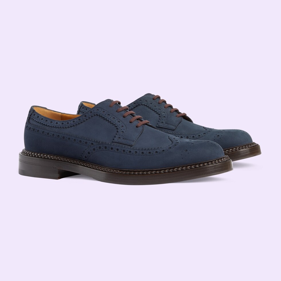 Men's lace-up shoe with brogue details in blue suede | GUCCI® DK