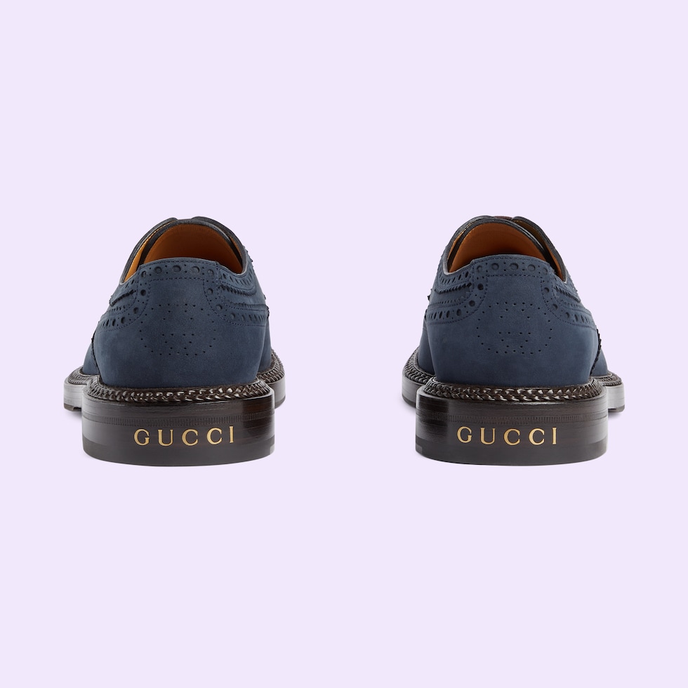 Men's lace-up shoe with brogue details in blue suede | GUCCI® BG