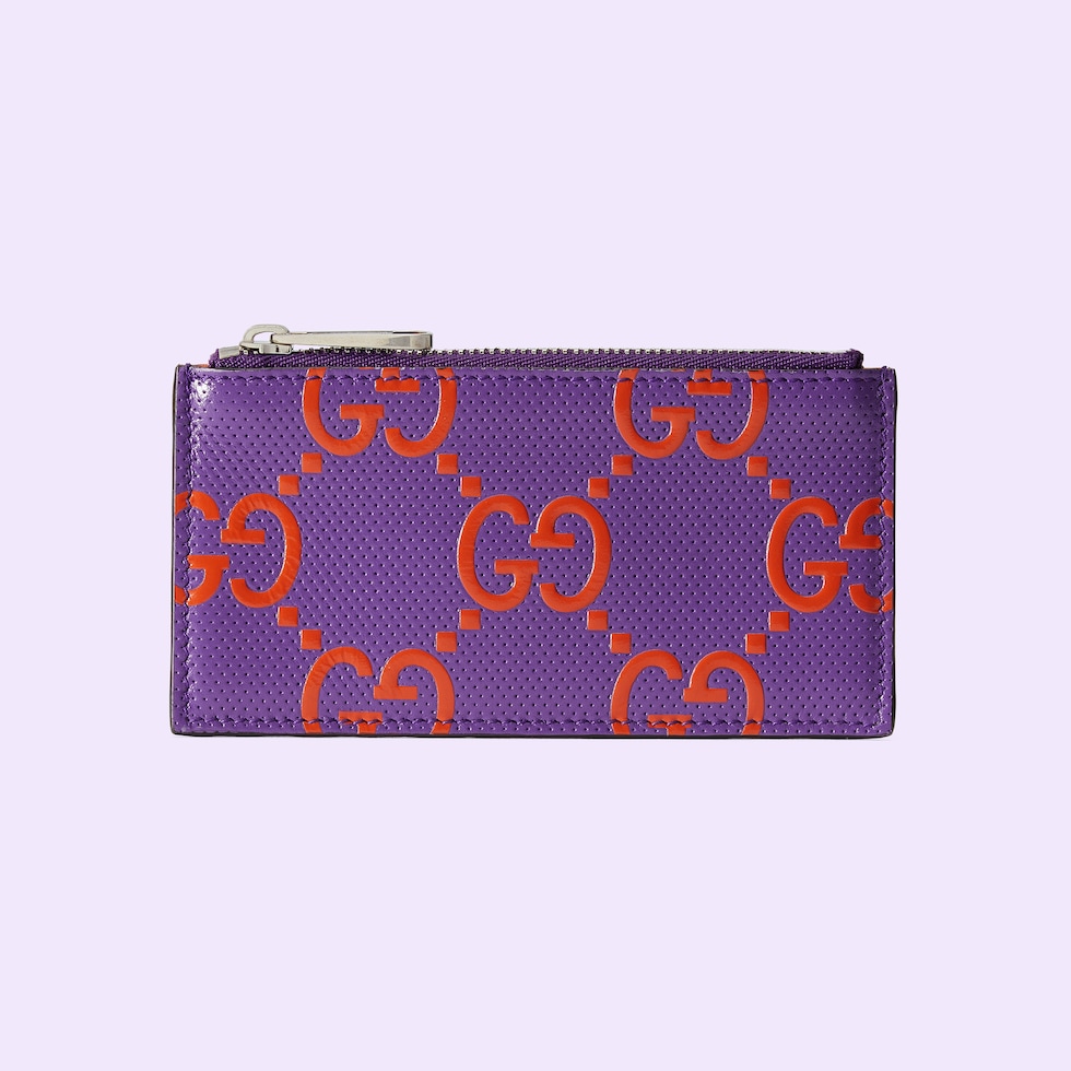 GG embossed zip card case in purple and orange leather | GUCCI® SG