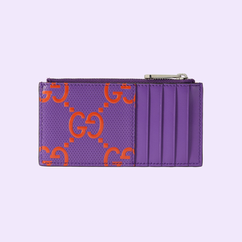 GG embossed zip card case in purple and orange leather | GUCCI® IE