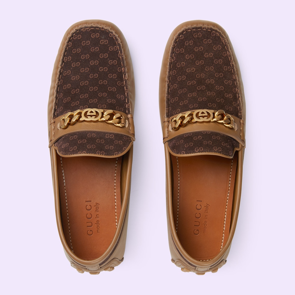 Men's Interlocking G driver in beige and taupe leather | GUCCI® TR