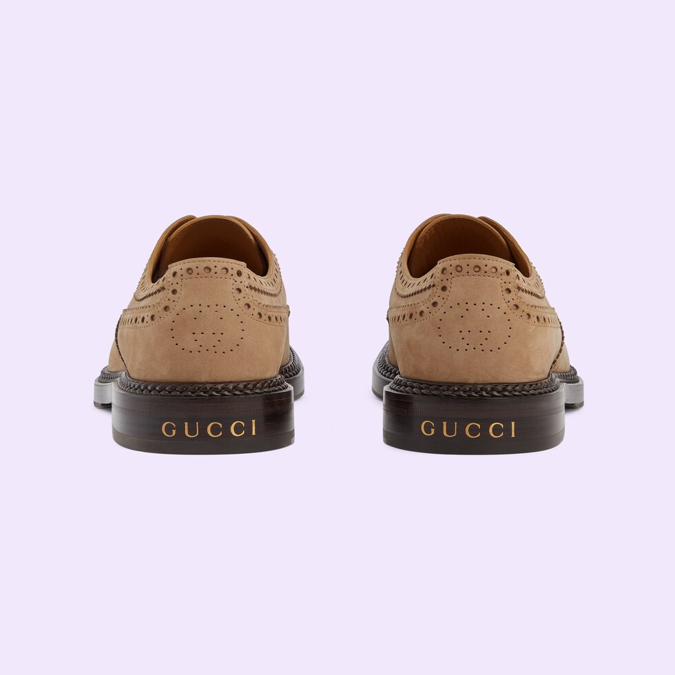 Men's lace-up shoe with brogue details in tan suede | GUCCI® AE