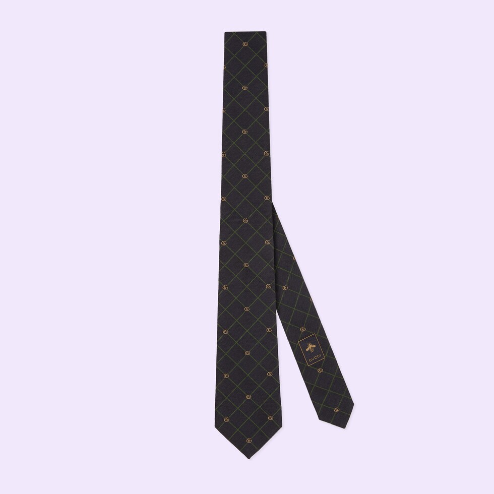 Double G and check silk jacquard tie in blue | GUCCI® US