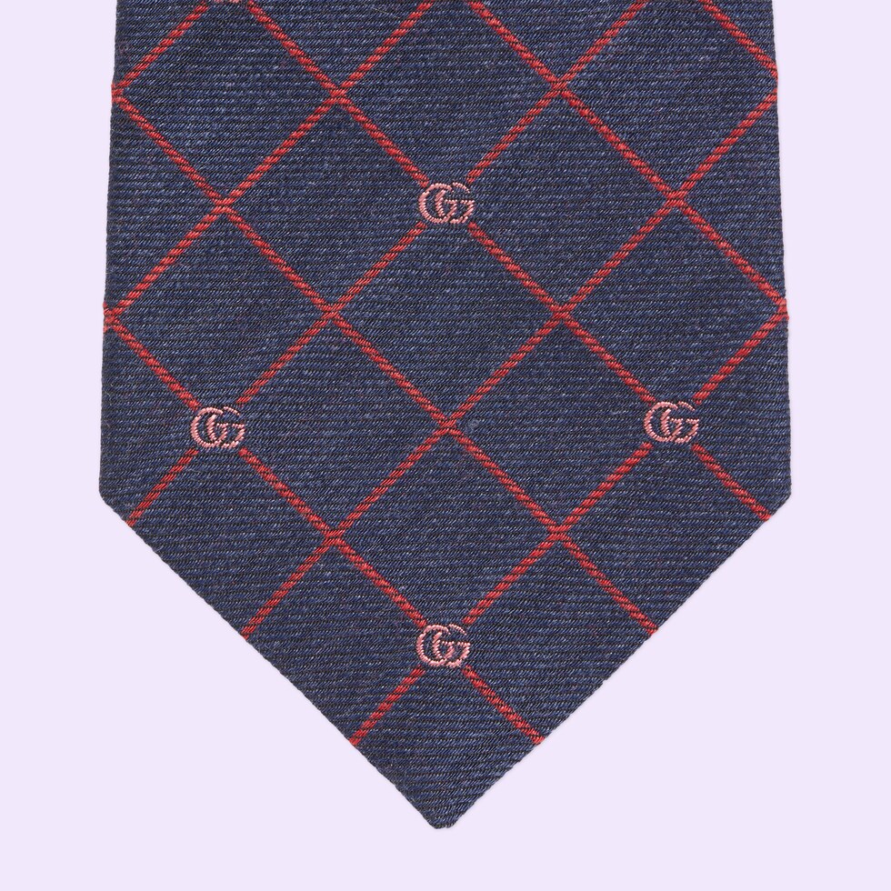 Cravatta in jacquard di seta con Doppia G e quadri in blu | GUCCI® Italia