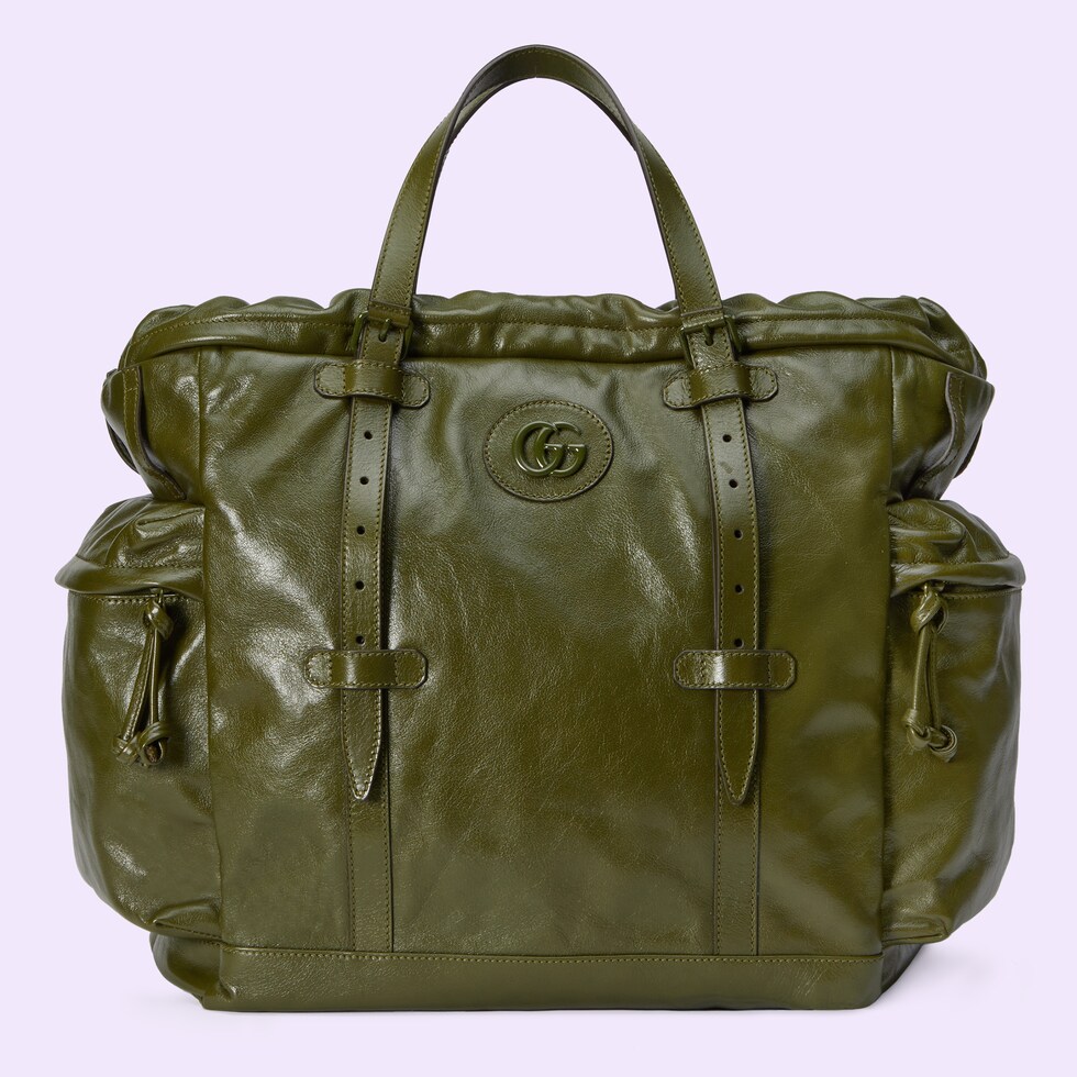 Drawstring tote bag with tonal Double G in forest green leather | GUCCI® AE