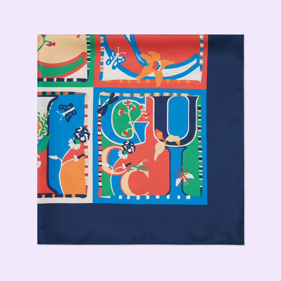 Gucci pop print twill carré in navy blue and orange | GUCCI® UK