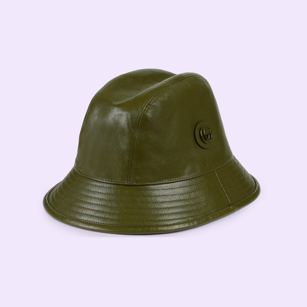 Leather bucket hat with Double G in dark green | GUCCI® DK