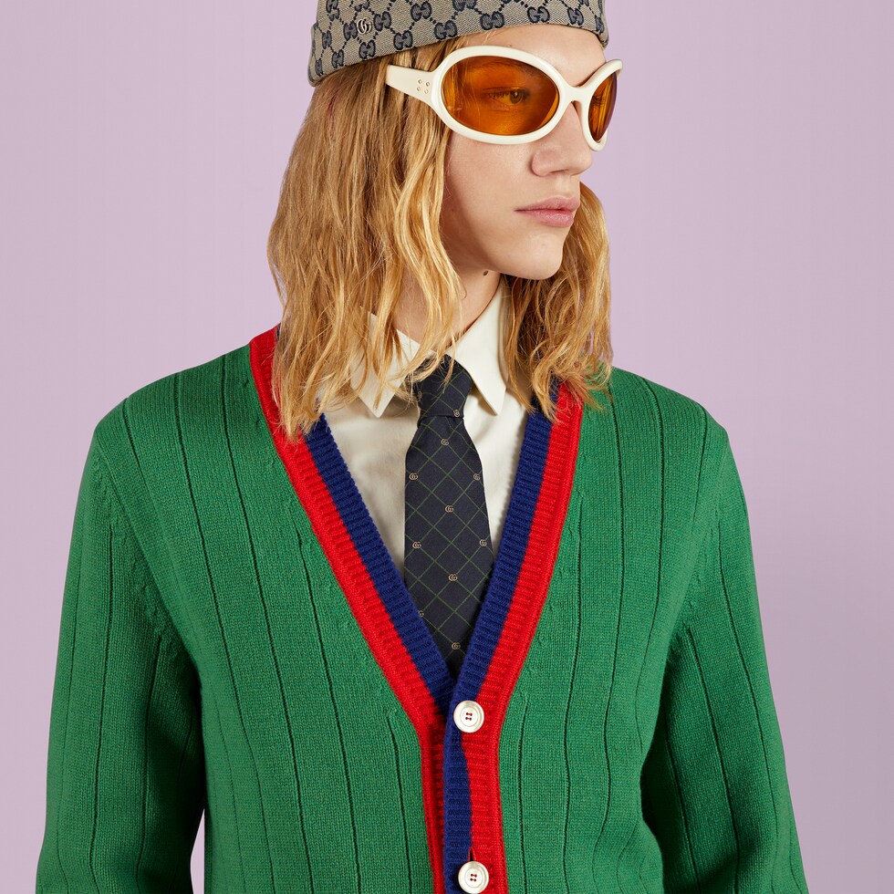 Double G and check silk jacquard tie in blue | GUCCI® US