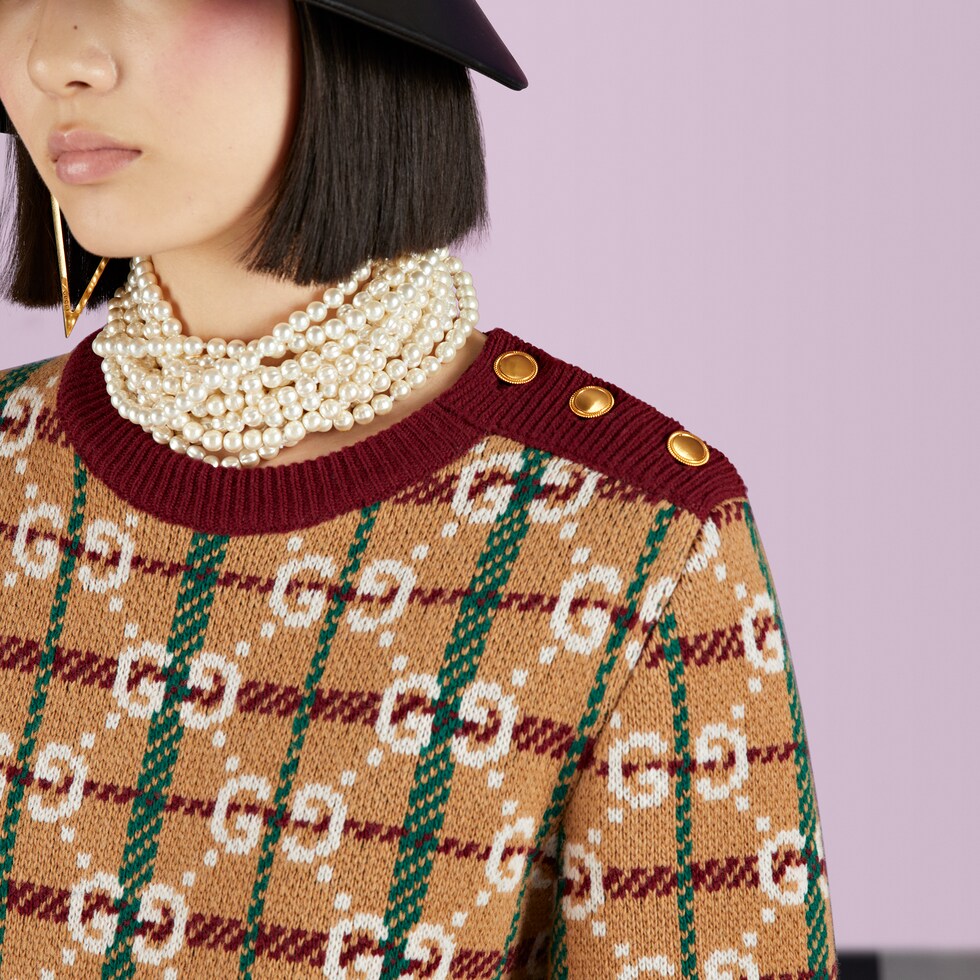 GG check wool dress in camel and magenta | GUCCI® AE