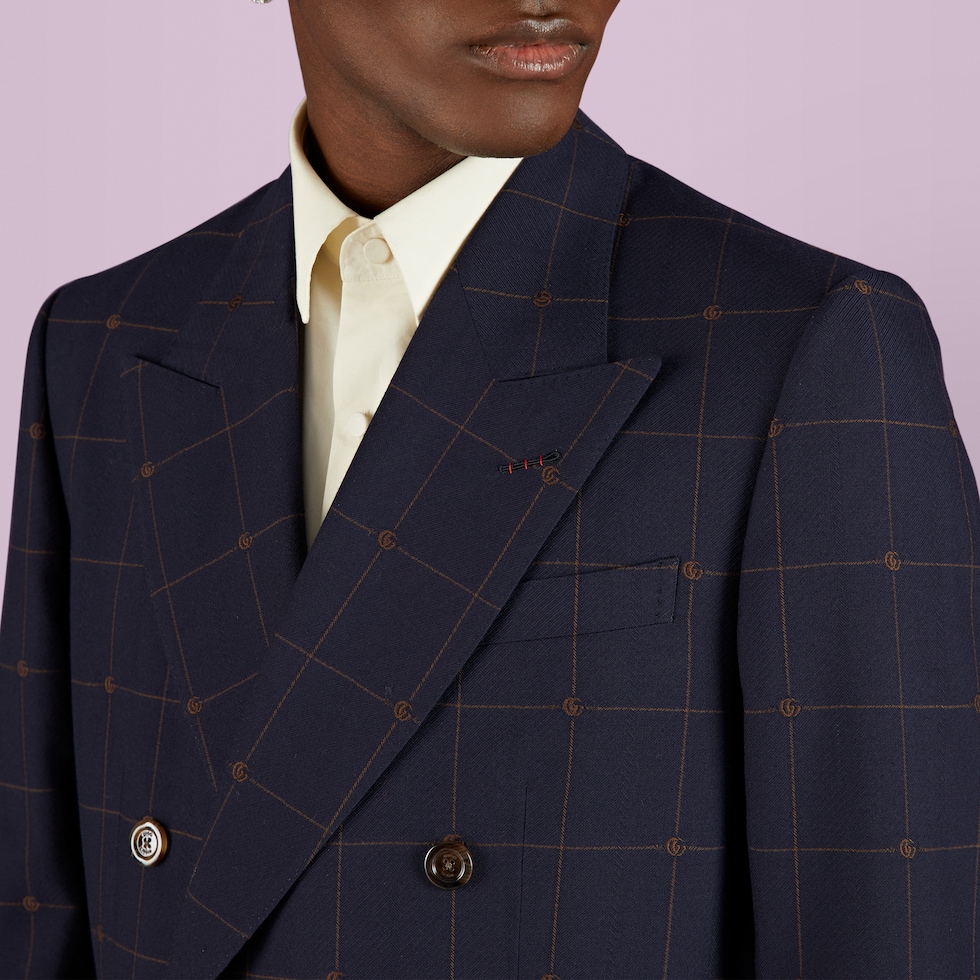 GG overcheck wool suit in blue and biege | GUCCI® UK