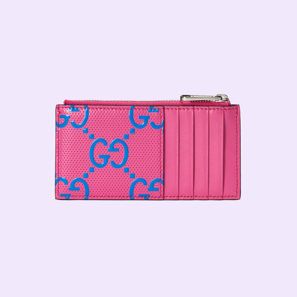 GG embossed zip card case in fuchsia and blue leather | GUCCI® TR