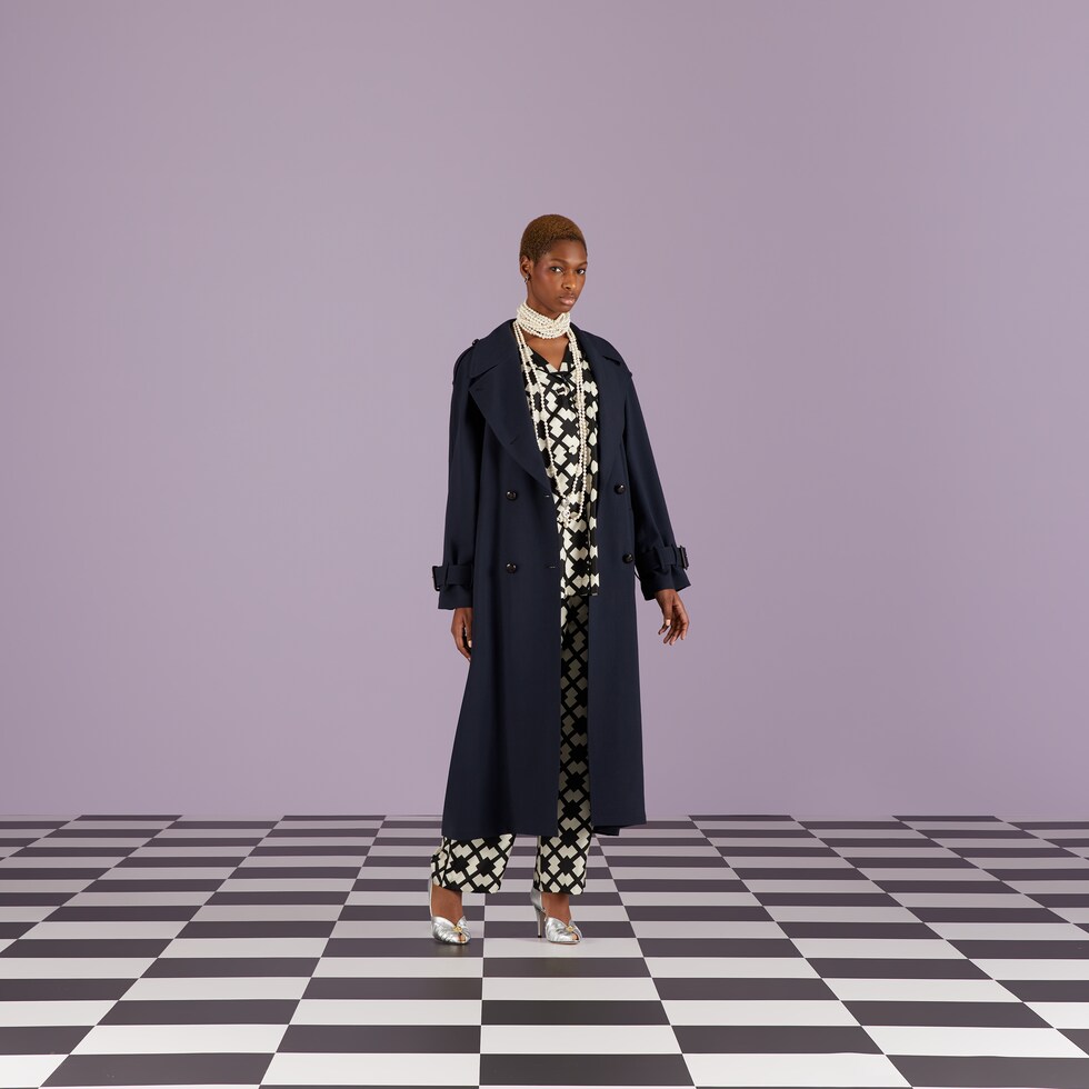 Rhombus tile silk pant in black and white | GUCCI® AE