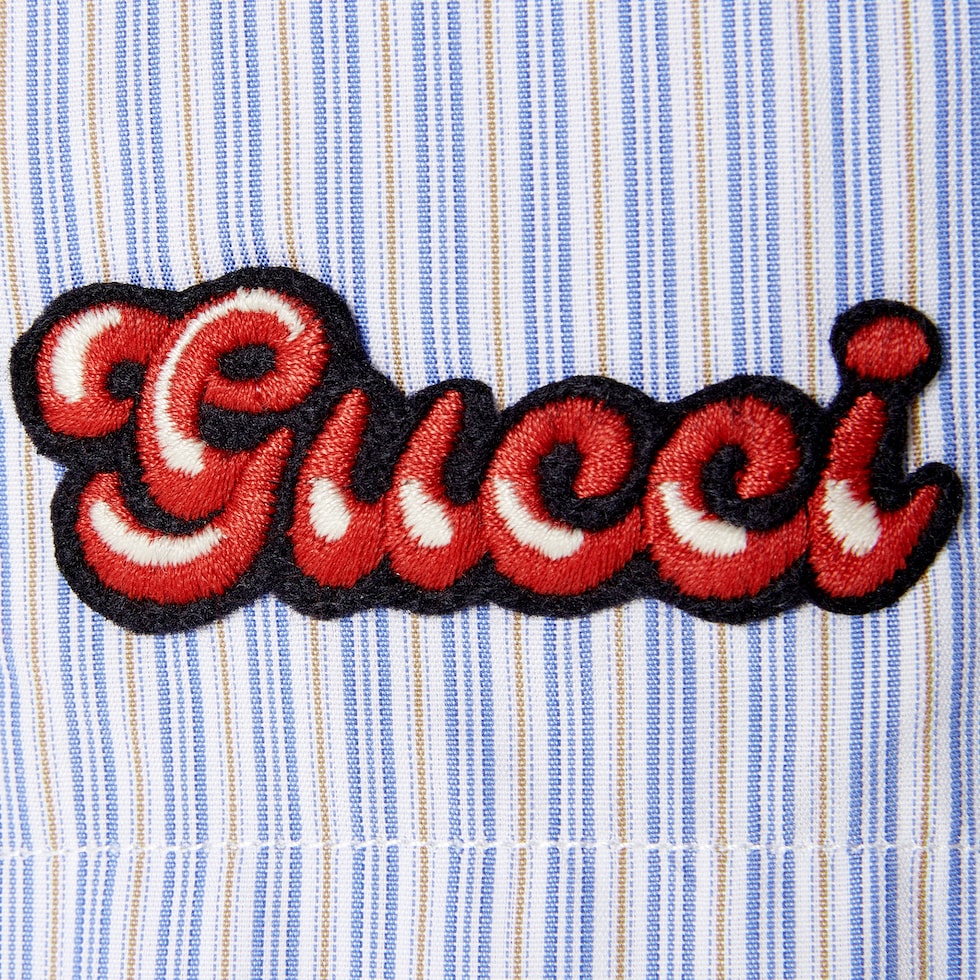 Striped cotton shirt with patch in blue and beige | GUCCI® AE