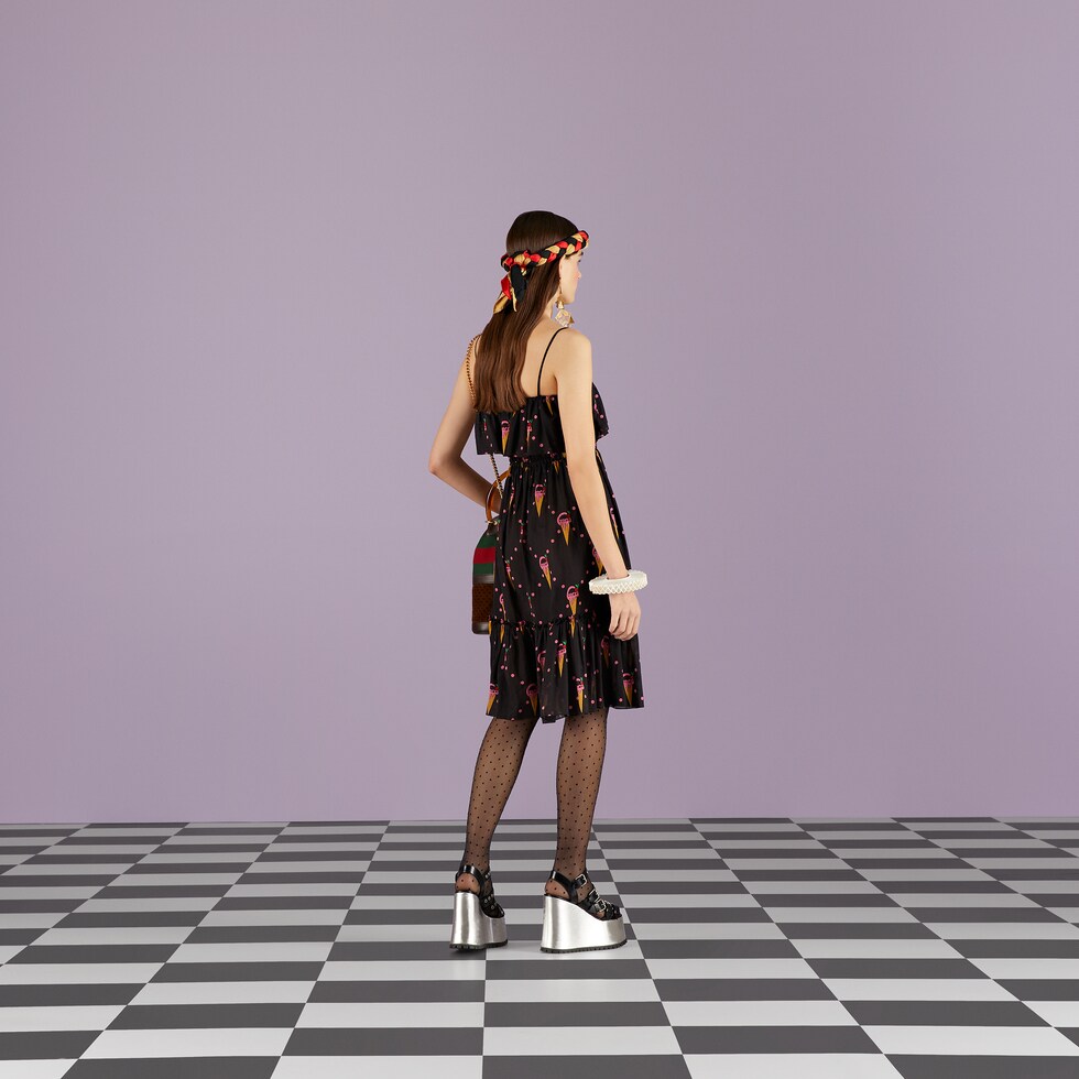 Cotton dress with Gucci ice cream print in black | GUCCI® SG