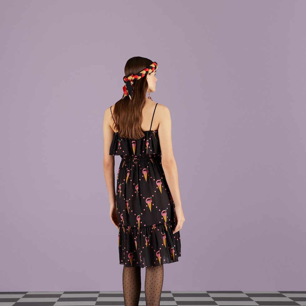 Cotton dress with Gucci ice cream print in black | GUCCI® SG