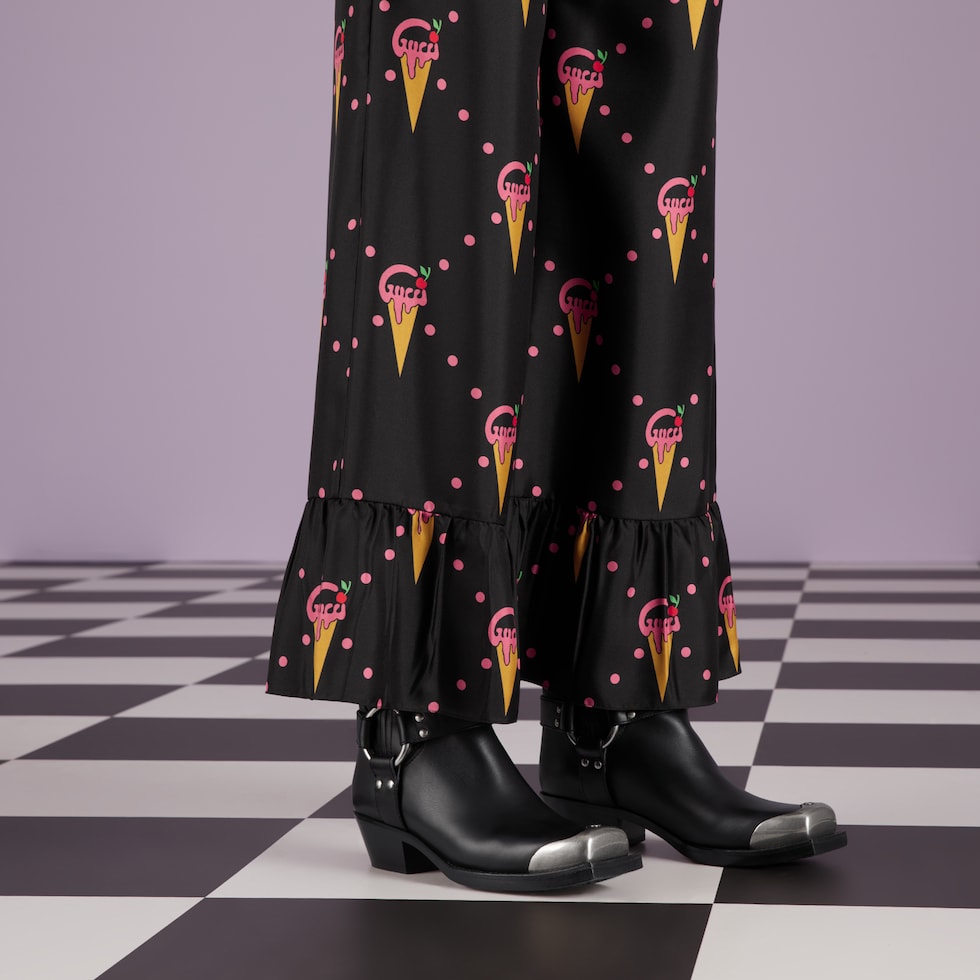 Silk pant with Gucci ice cream print in black | GUCCI® UK