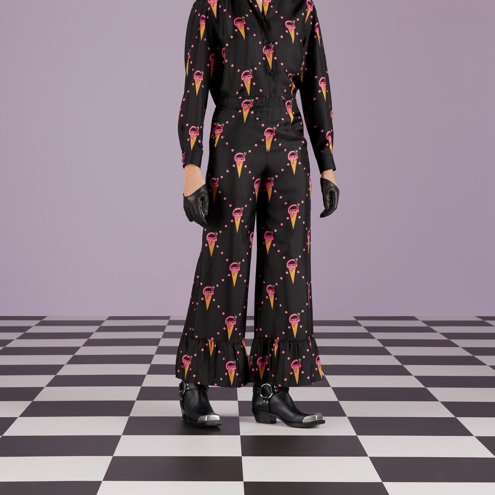 Silk pant with Gucci ice cream print in black | GUCCI® UK