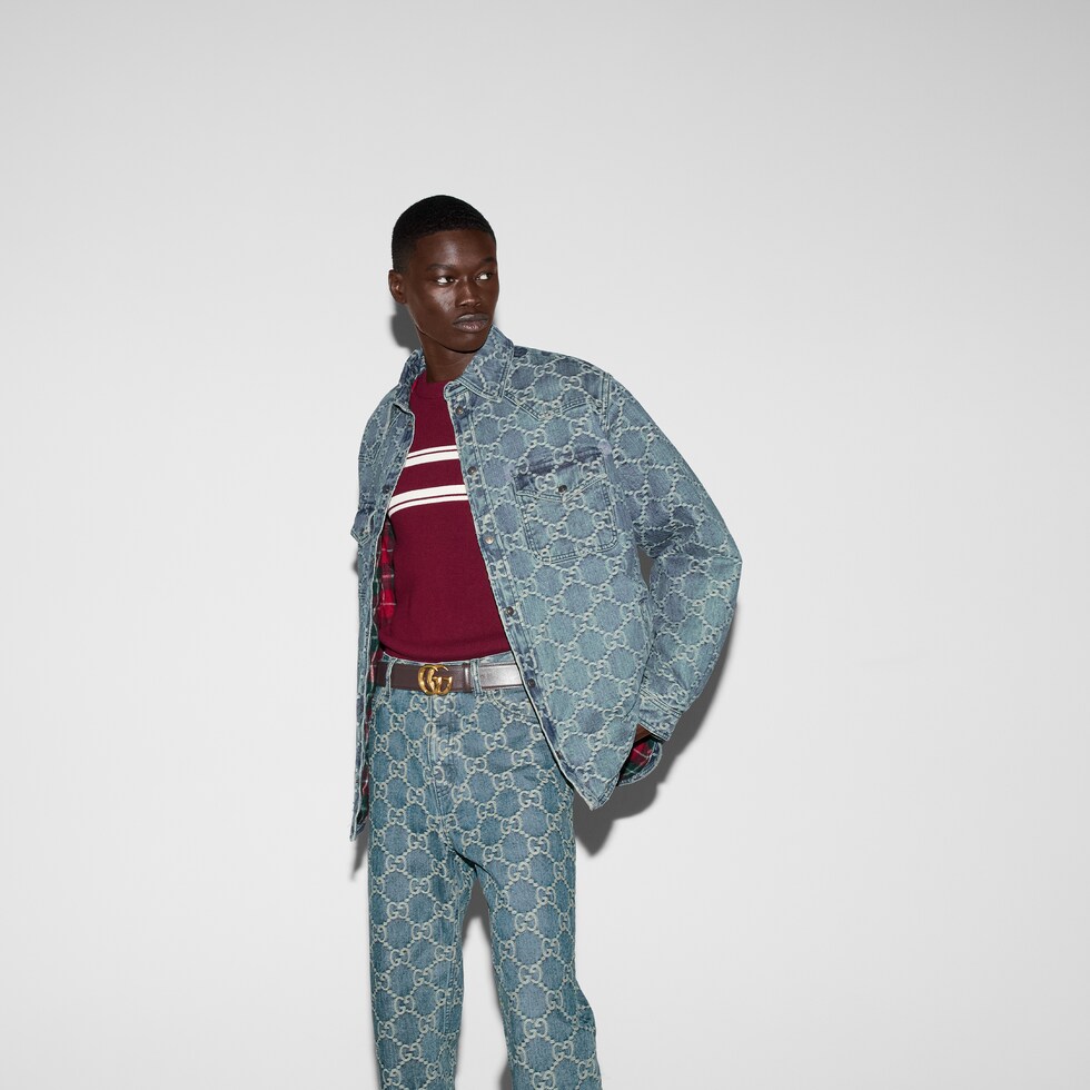 Camicia in denim GG jacquard in blu e bianco | GUCCI® Italia