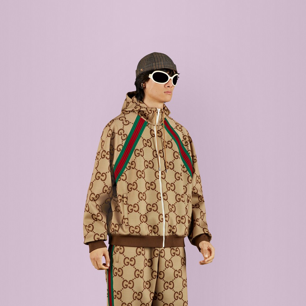 Chaqueta con Jumbo GG, Web y cremallera en camel y marrón | GUCCI® ES