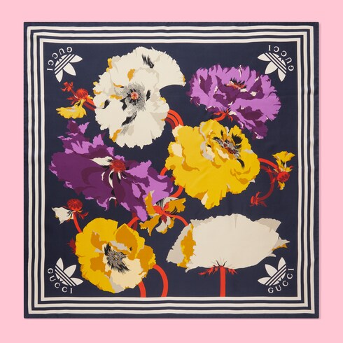 adidas x Gucci maxi flower print silk scarf in navy and yellow | GUCCI® AE