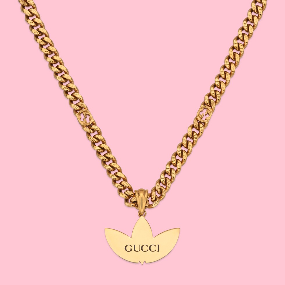 adidas x Gucci gourmette necklace with Trefoil pendant in yellow gold ...