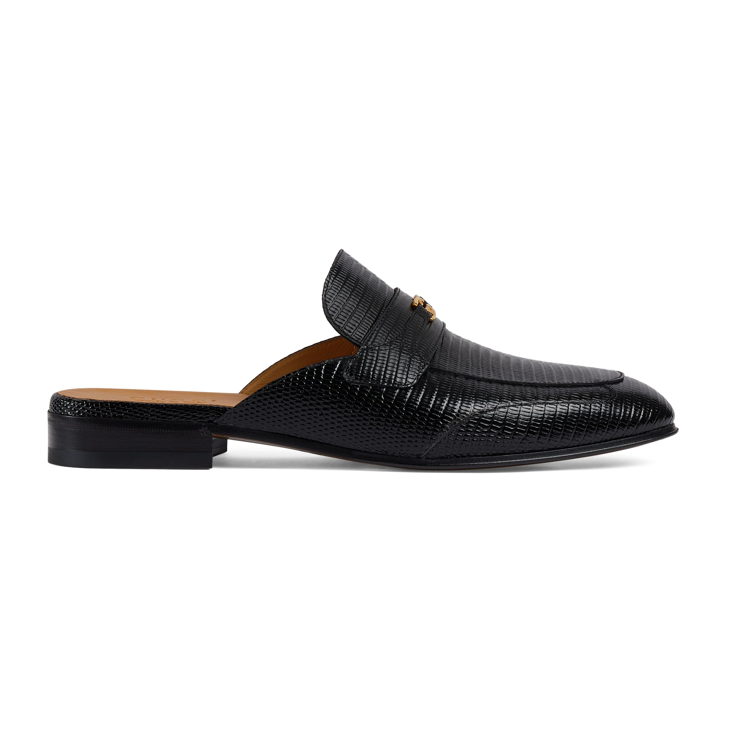 Gucci Men's Lizard Leather Slipper With Interlocking G In Black | ModeSens